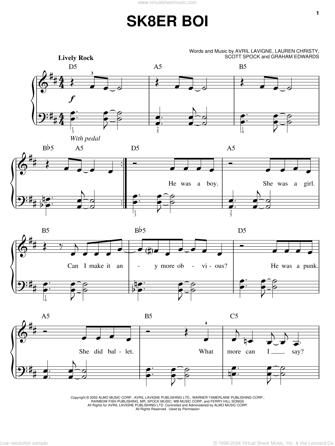 Sk8er Boi sheet music for piano solo (PDF-interactive)