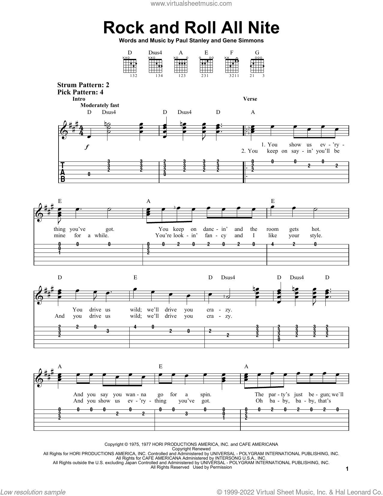 Rock And Roll All Nite sheet music (easy) for guitar solo (easy tablature)