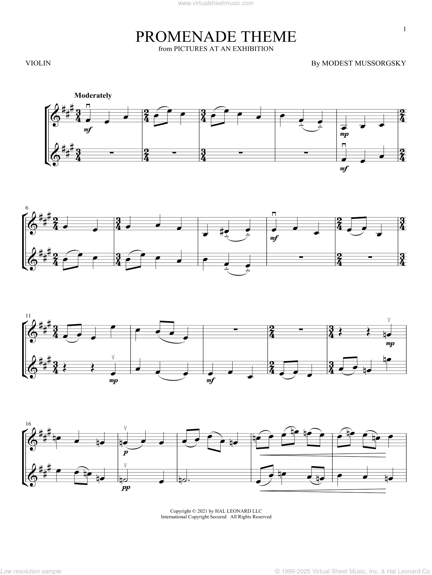 Promenade Theme sheet music for two violins (duets, violin duets)
