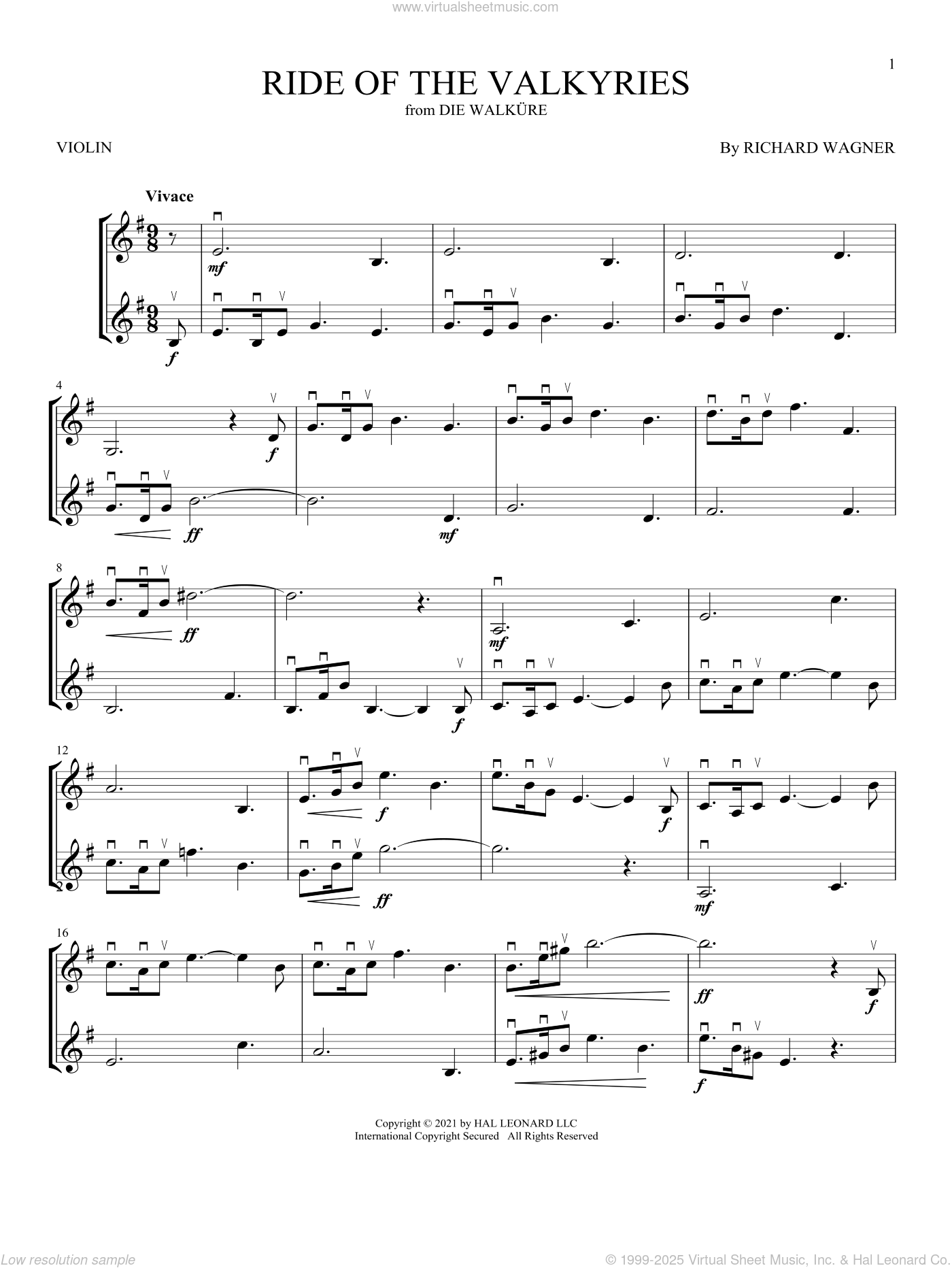Ride Of The Valkyries sheet music for two violins (duets, violin duets)