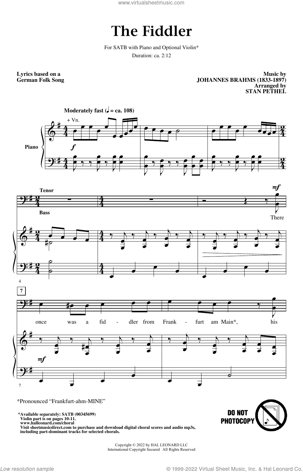 The Fiddler (arr. Stan Pethel) sheet music for choir (SATB: soprano ...