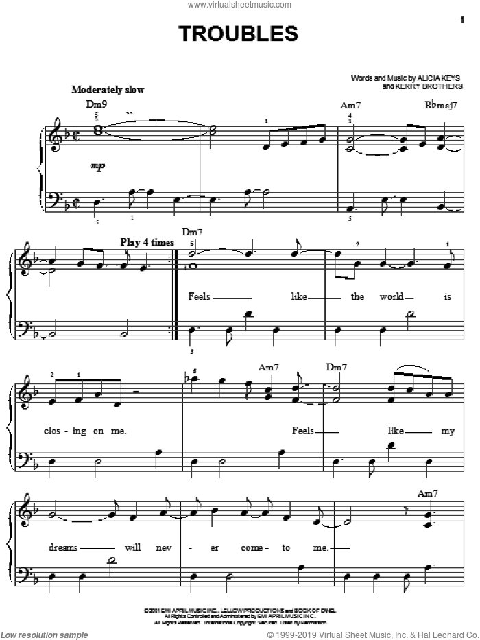 Troubles sheet music for piano solo (PDF-interactive)