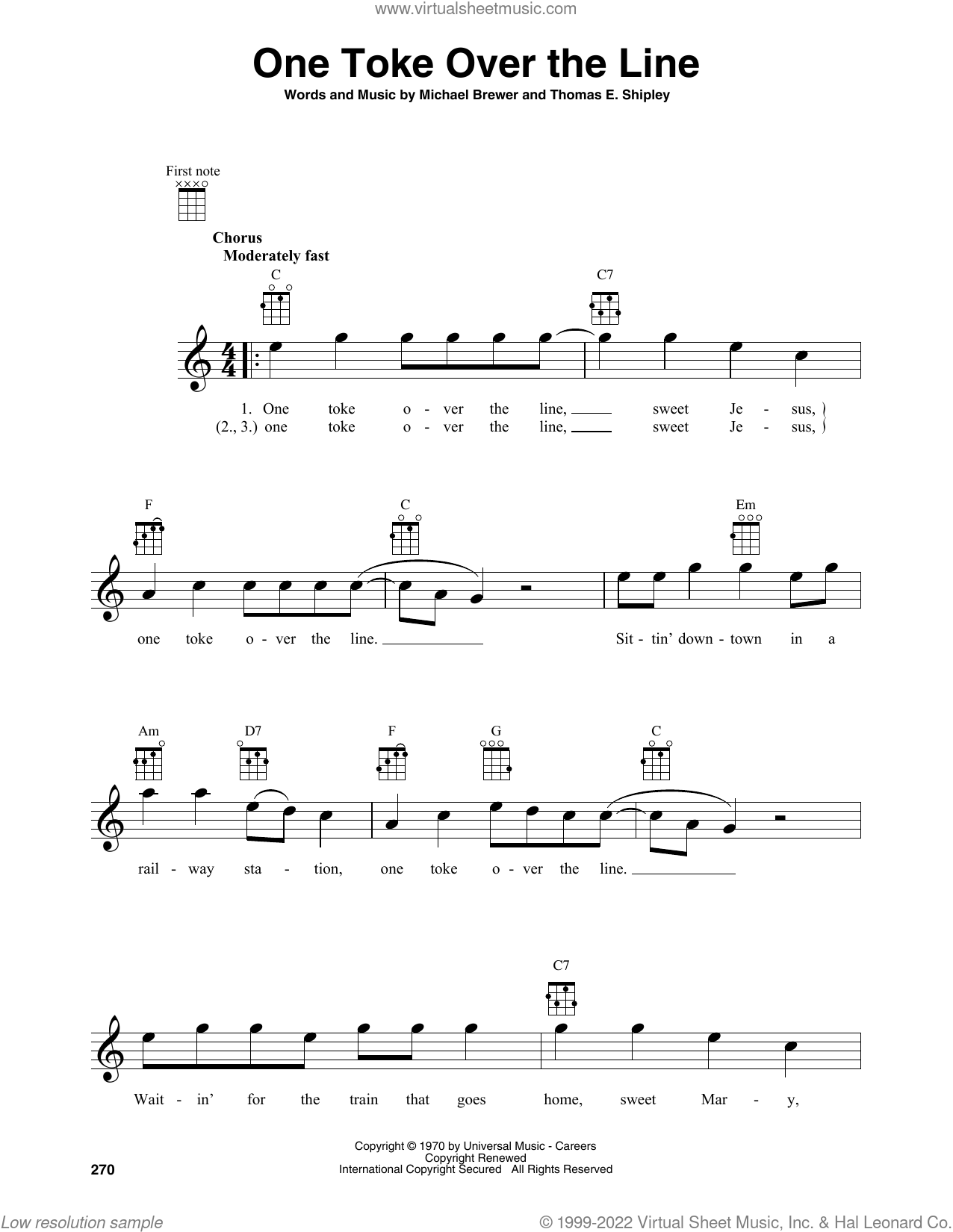 One Toke Over The Line sheet music for baritone ukulele solo