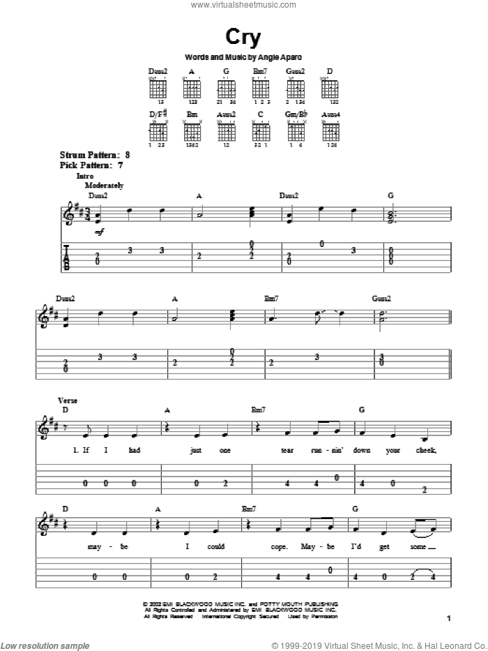 Cry sheet music for guitar solo (easy tablature) (PDF)
