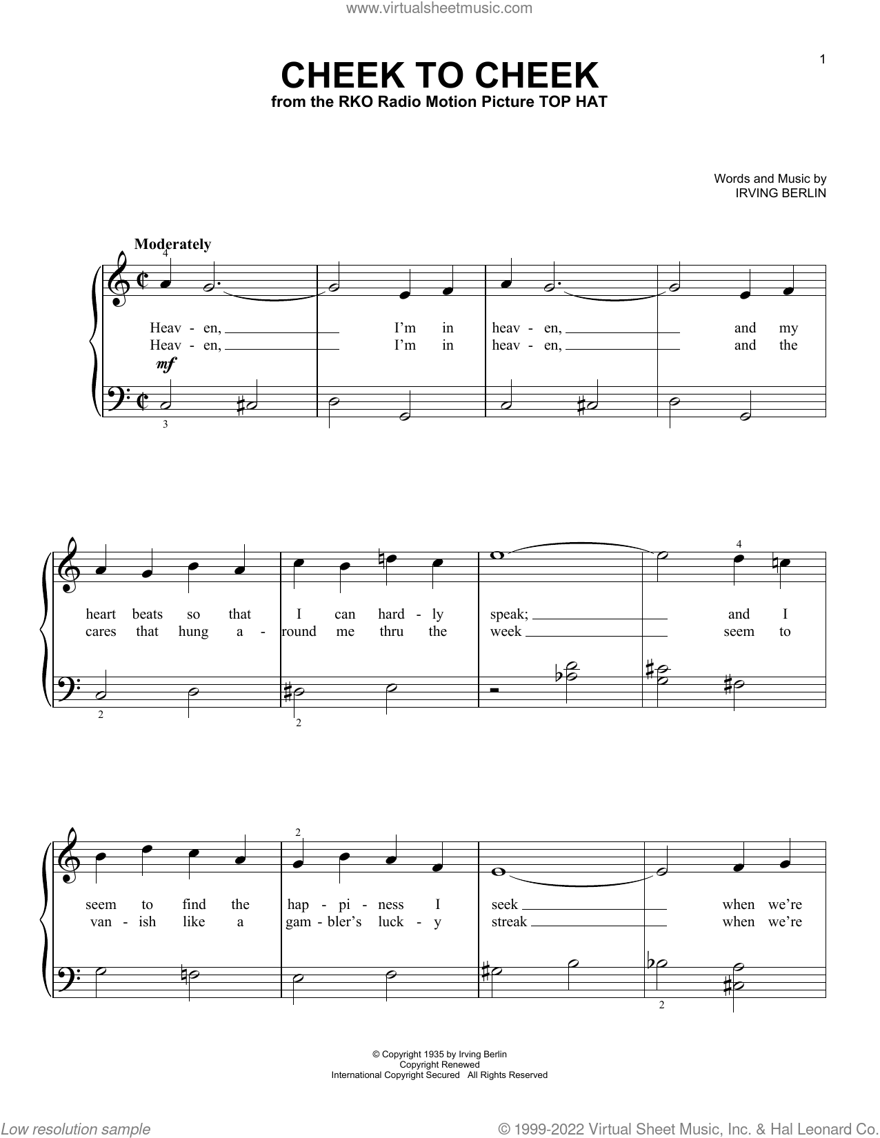 Cheek To Cheek, (beginner) sheet music for piano solo (PDF)