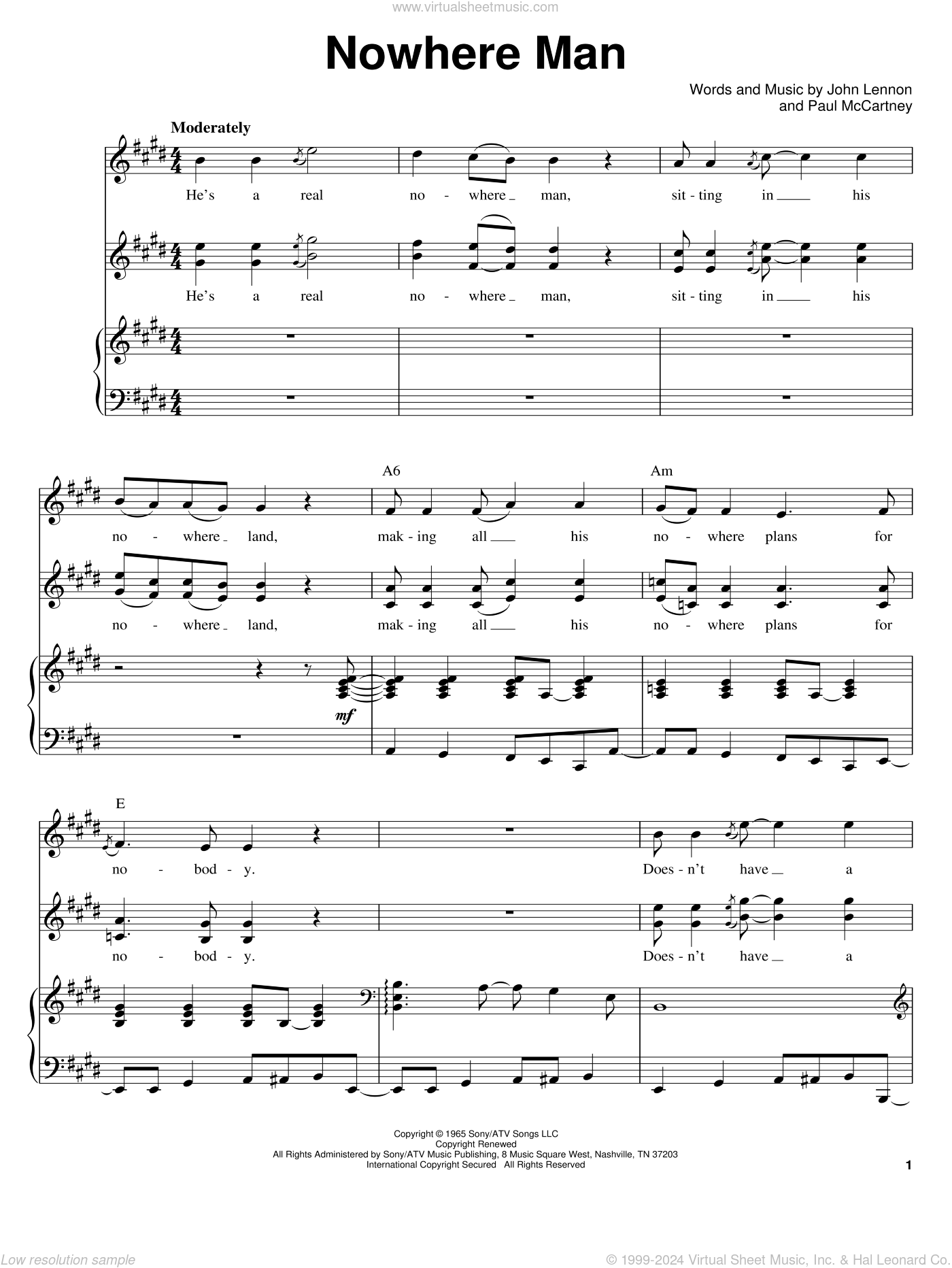 Nowhere Man sheet music for voice and piano (PDF-interactive)