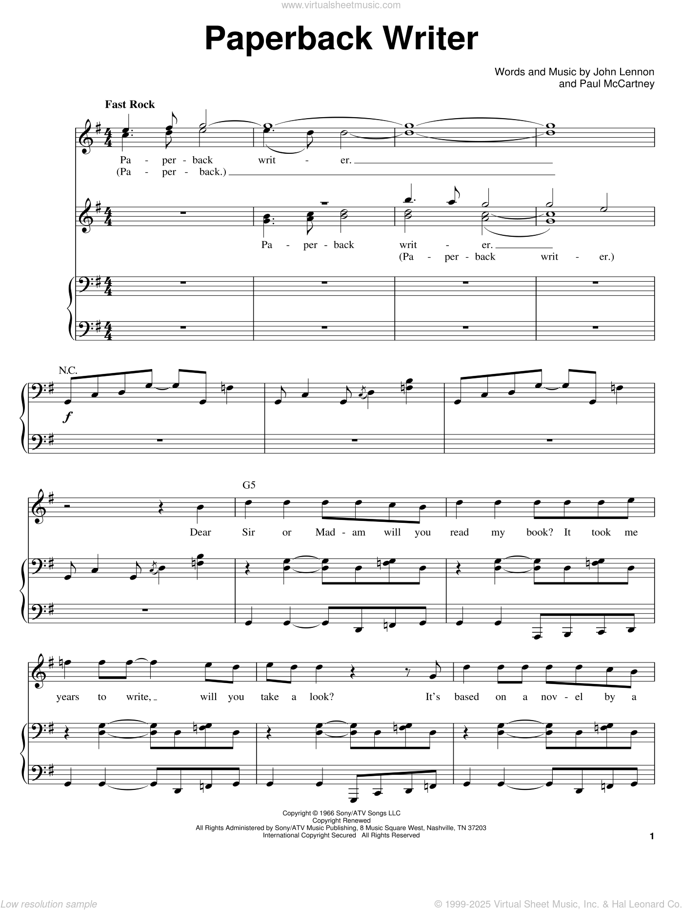 Paperback Writer sheet music for voice and piano (PDF)