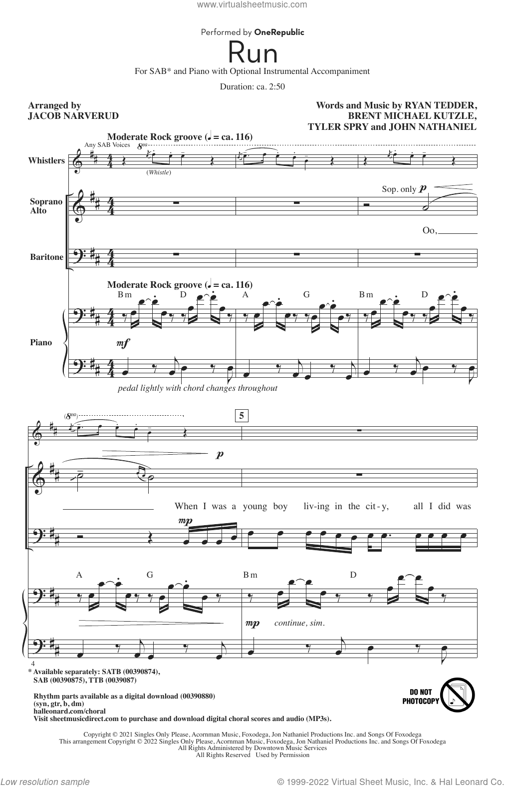 Run (arr. Jacob Narverud) sheet music for choir (SAB: soprano, alto, bass)