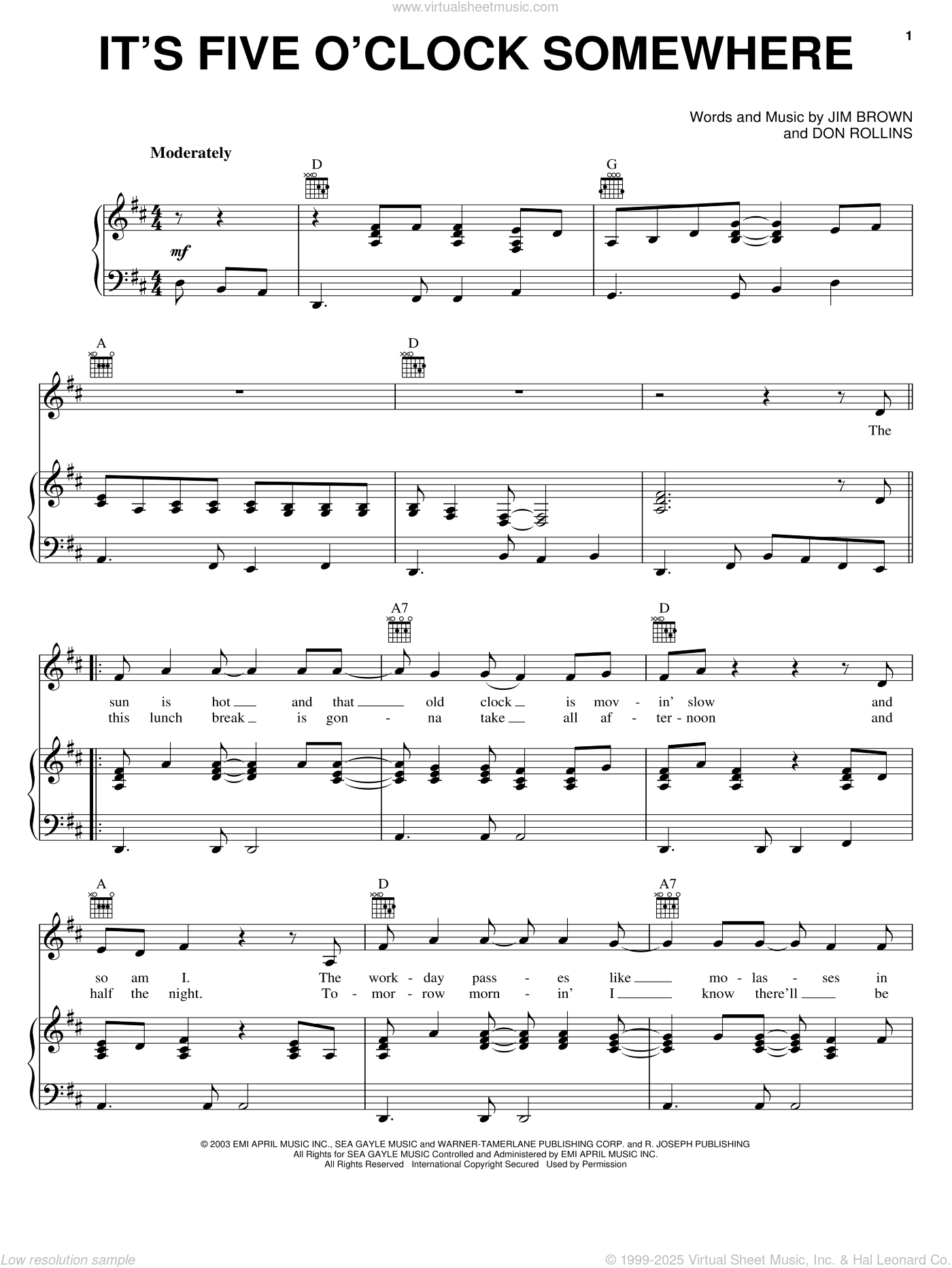 Jackson - It's Five O'Clock Somewhere sheet music for voice, piano or ...