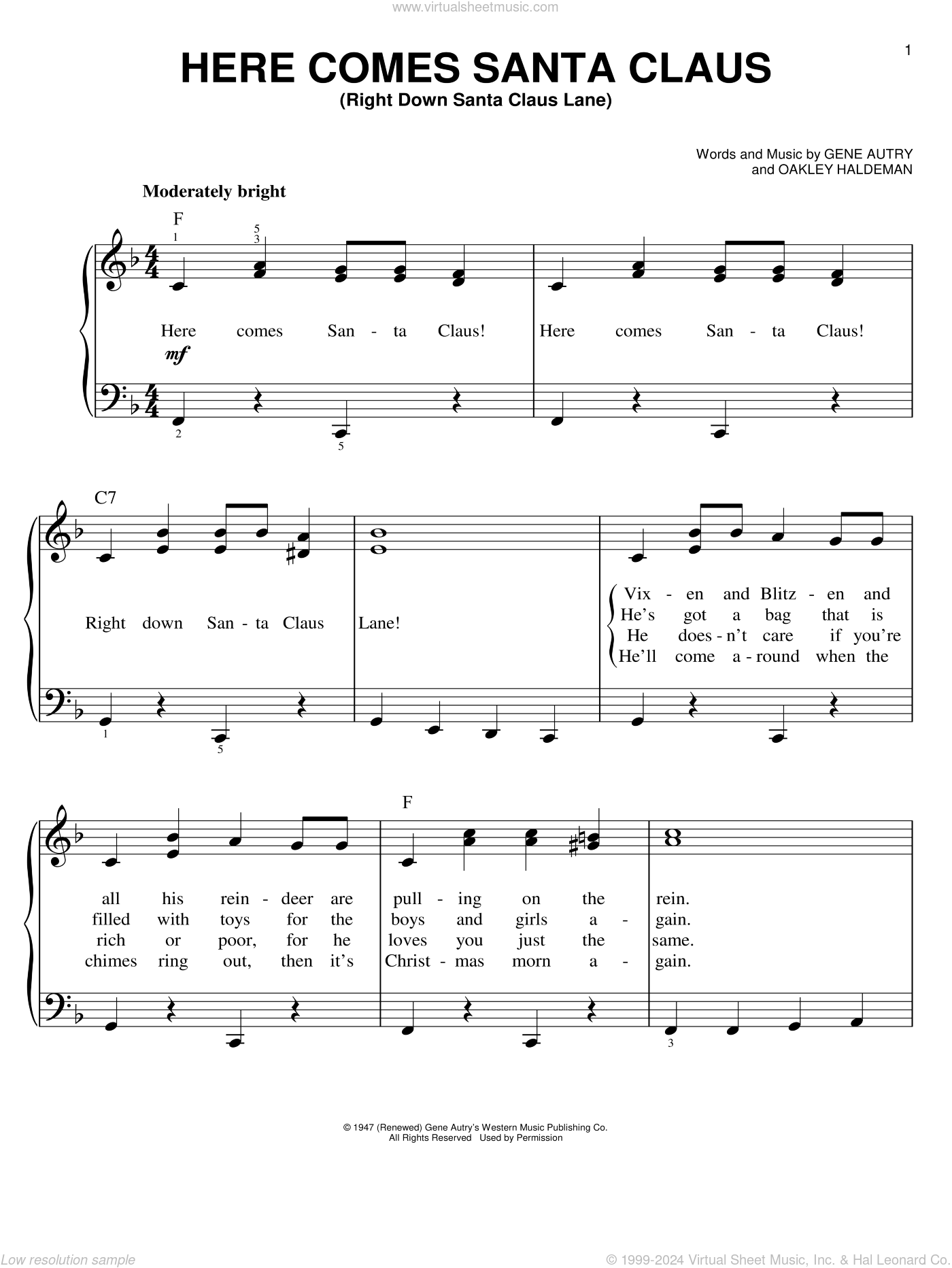 Here Comes Santa Claus (Right Down Santa Claus Lane), (easy) sheet ...