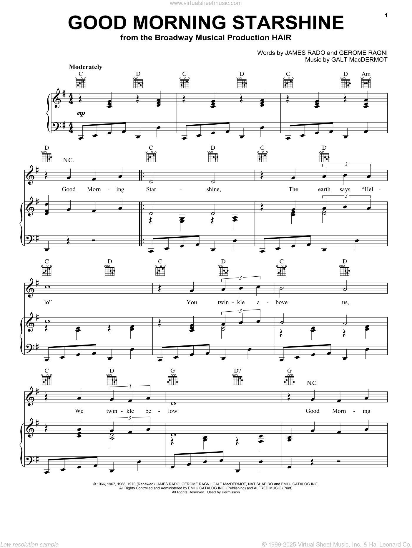 Good Morning Starshine sheet music for voice, piano or guitar