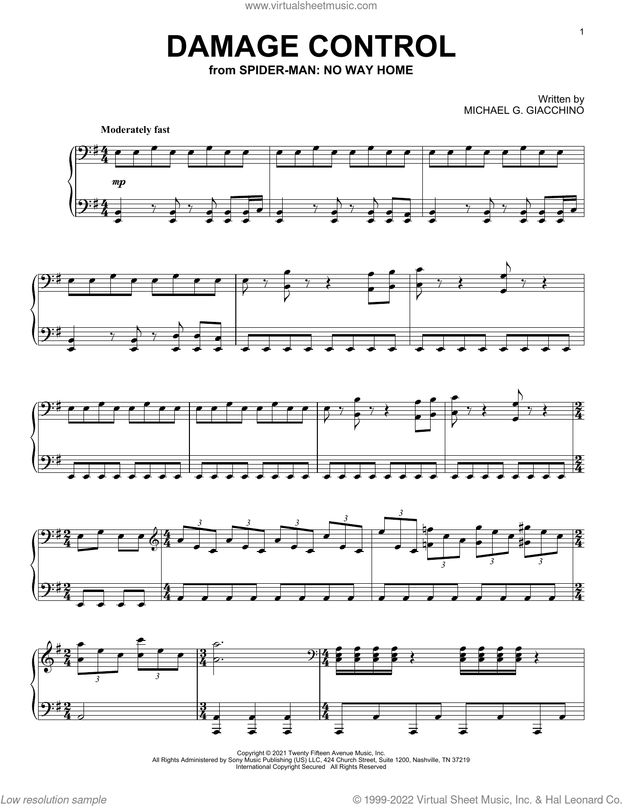 Damage Control (from Spider-Man: No Way Home) sheet music for piano solo