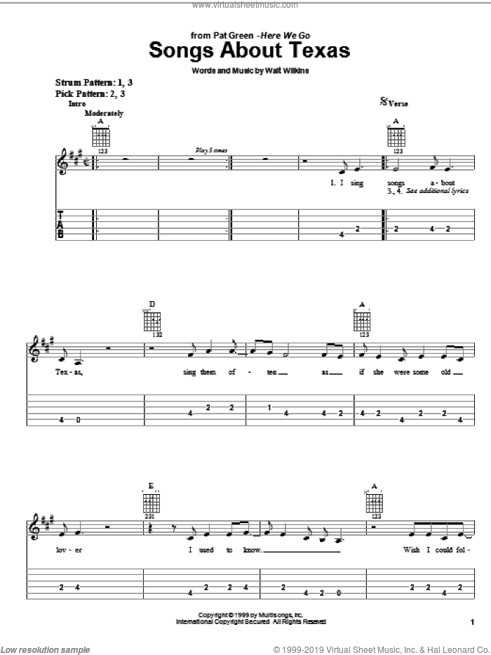 Songs About Texas sheet music for guitar solo (easy tablature)