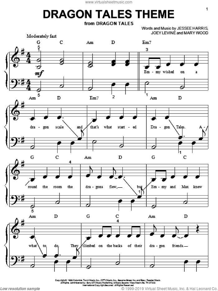 Dragon Tales Theme sheet music for piano solo (big note book)