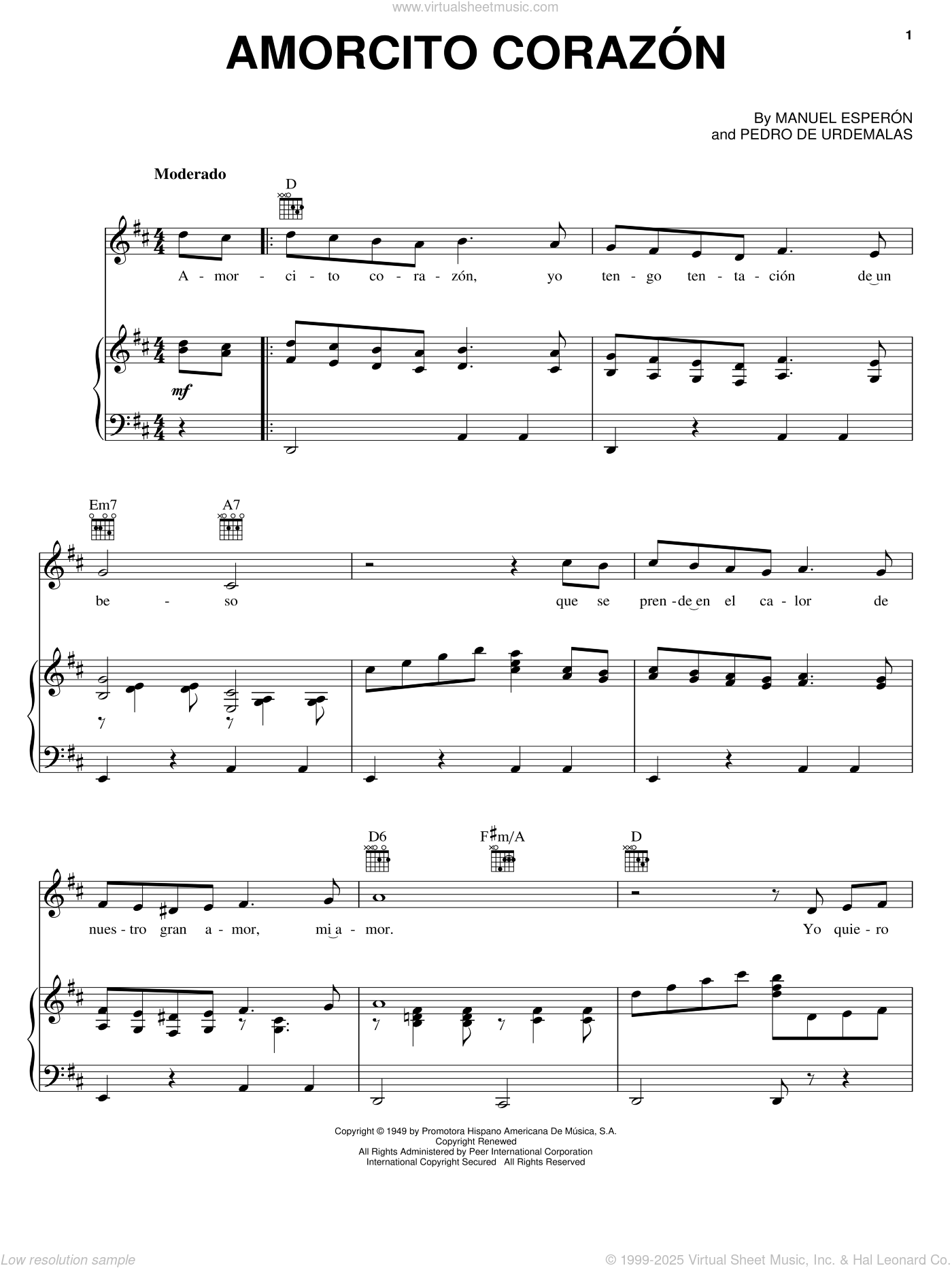 Amorcito Corazon sheet music for voice, piano or guitar (PDF)