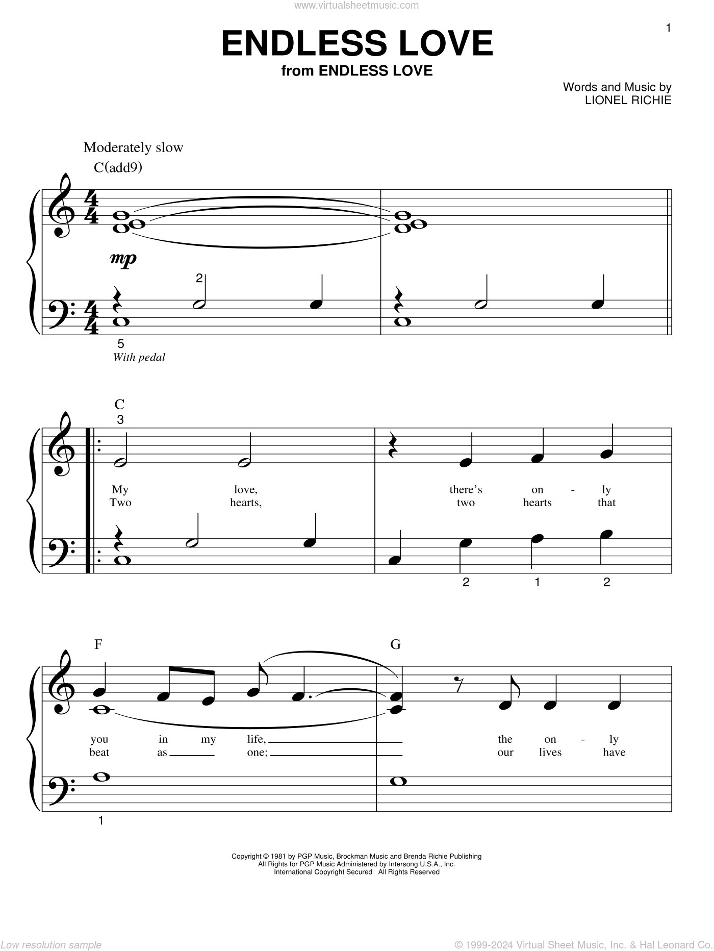 Endless Love sheet music for piano solo (big note book) (PDF)