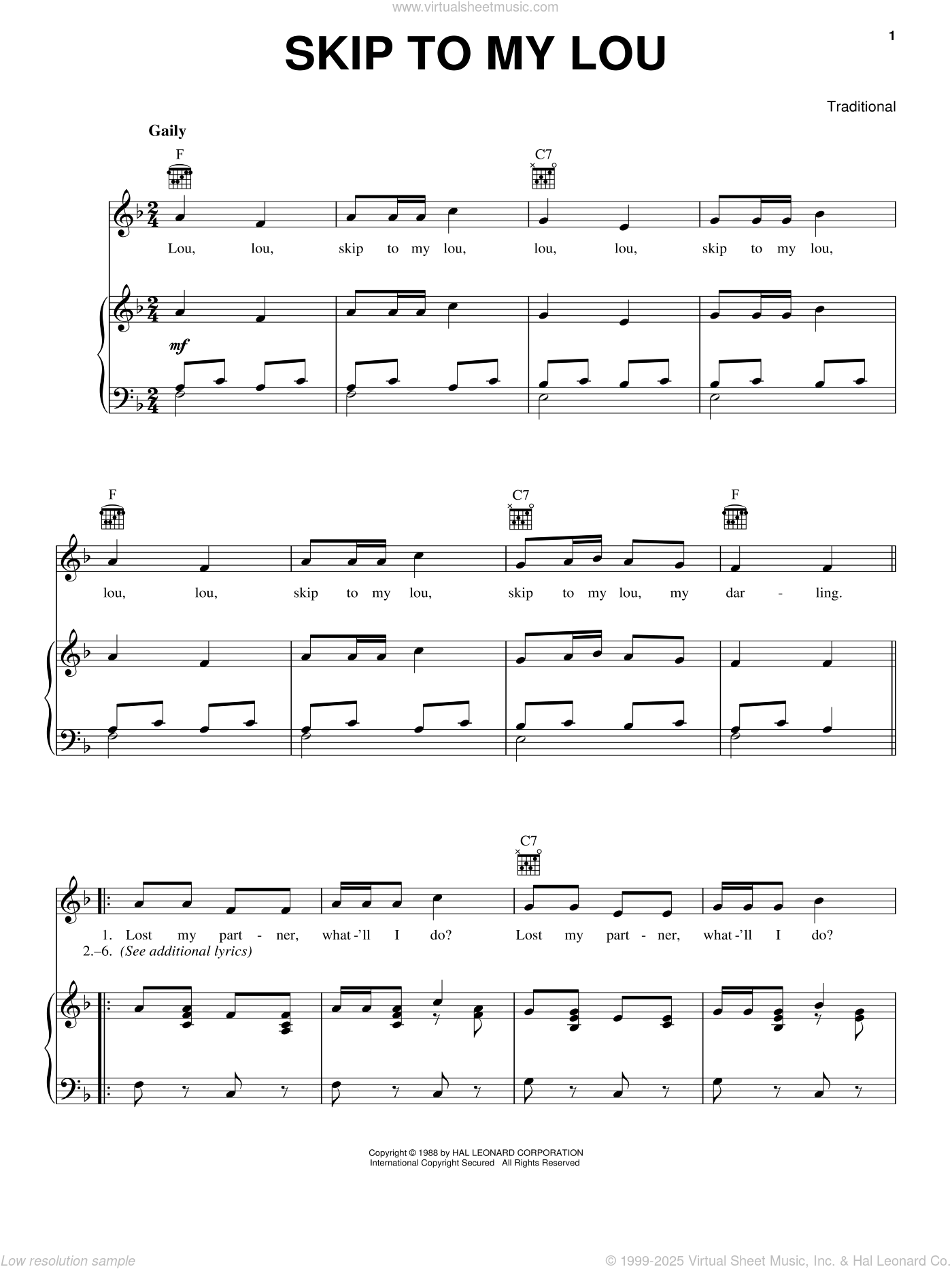 Skip To My Lou sheet music for voice, piano or guitar (PDF)