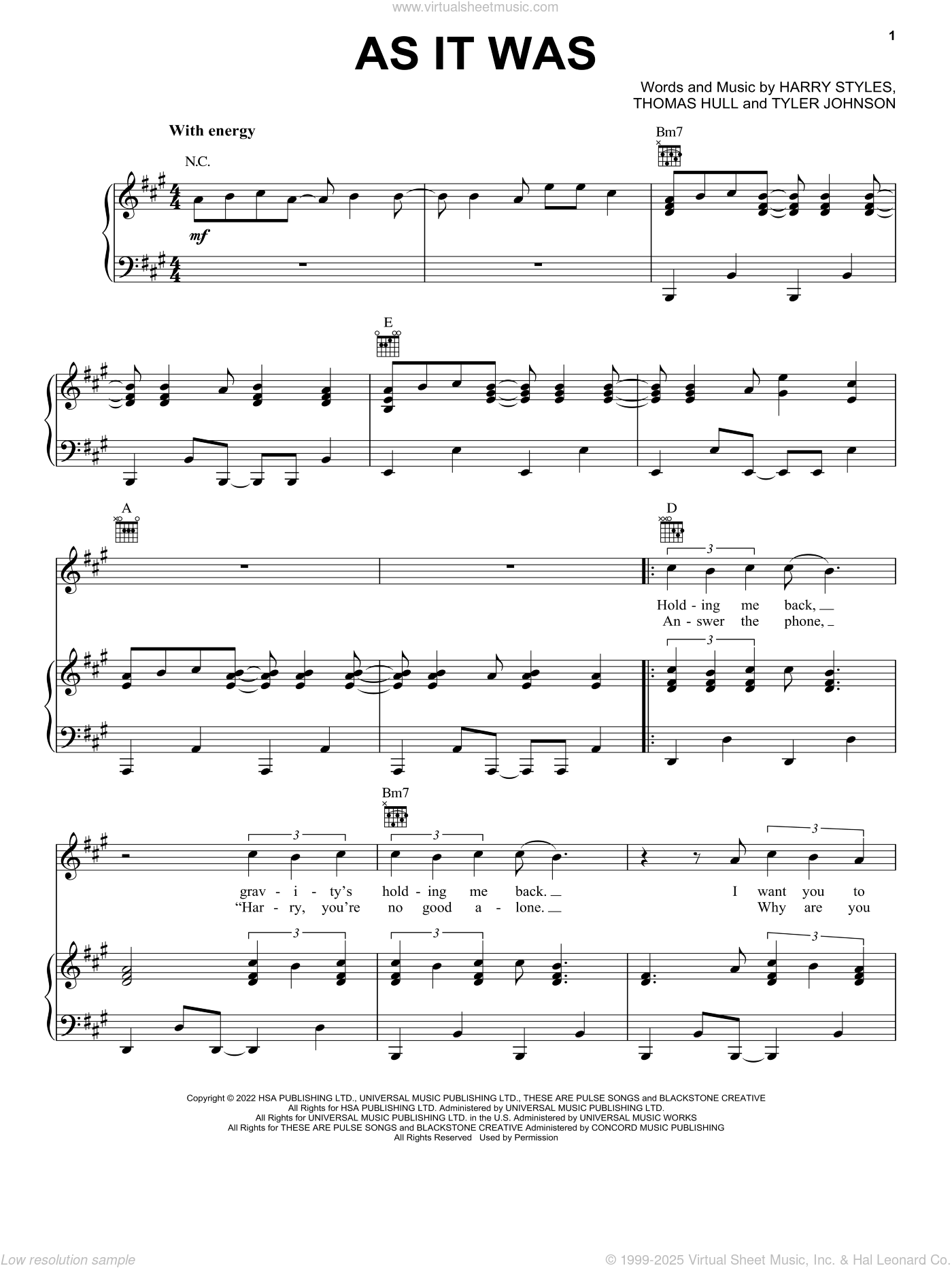 As It Was sheet music for voice, piano or guitar (PDF)