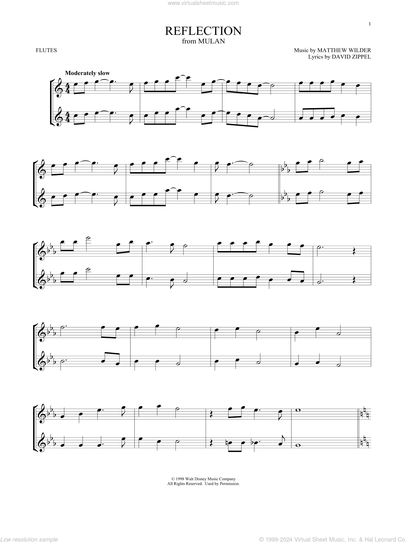 Reflection (from Mulan) sheet music for two flutes (duets) (PDF)