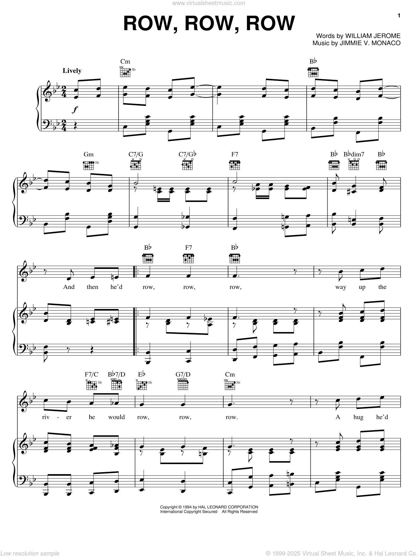 Row, Row, Row sheet music for voice, piano or guitar (PDF)
