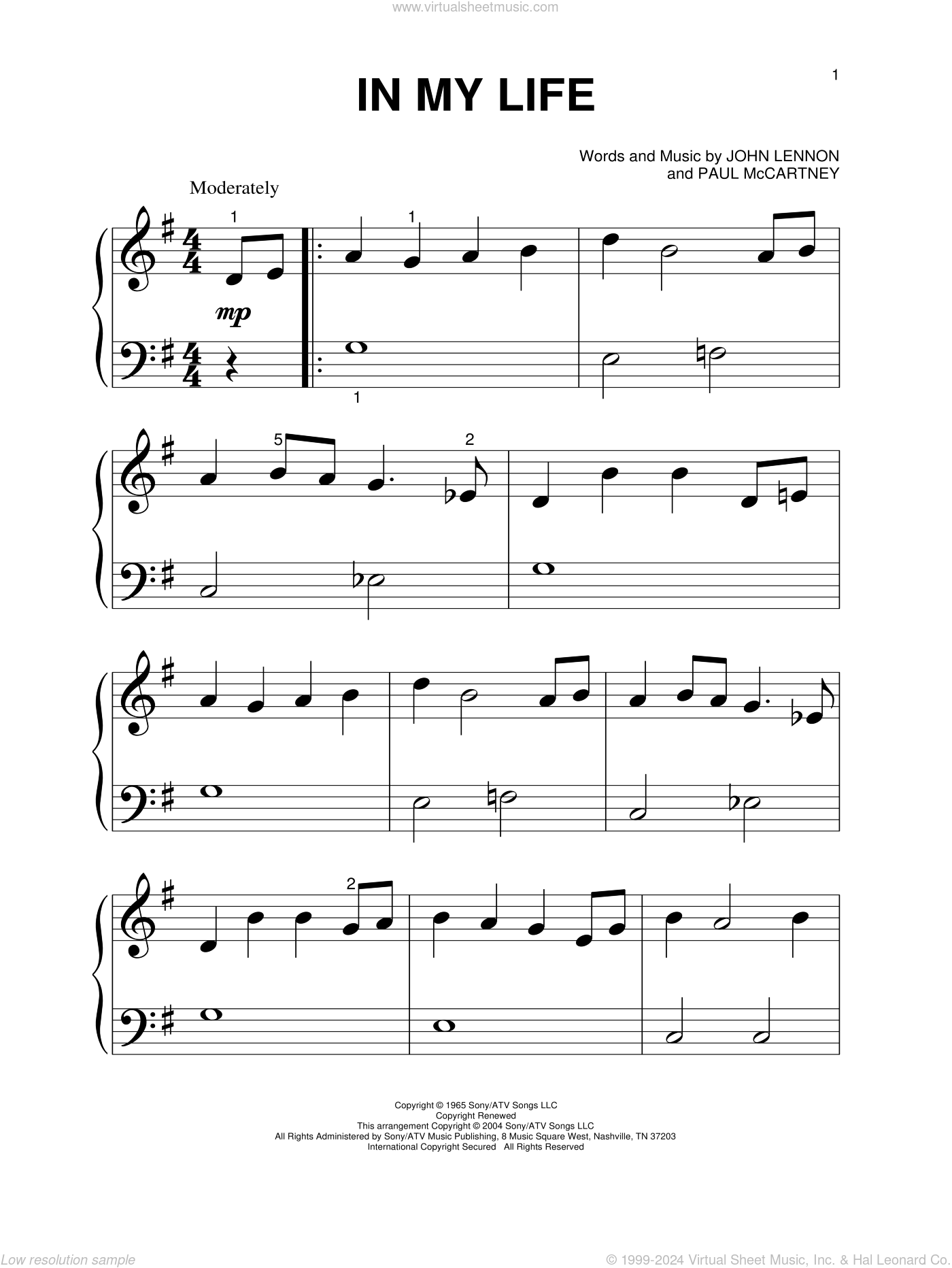 In My Life sheet music (beginner version 3) for piano solo (PDF)