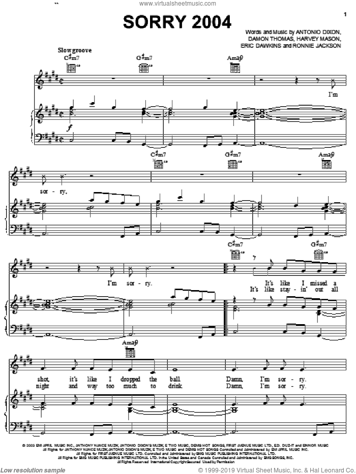 Sorry 2004 sheet music for voice, piano or guitar (PDF)
