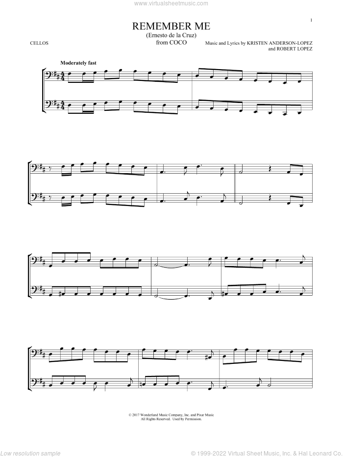 Remember Me (Ernesto de la Cruz) (from Coco) sheet music for two cellos (duet, duets)