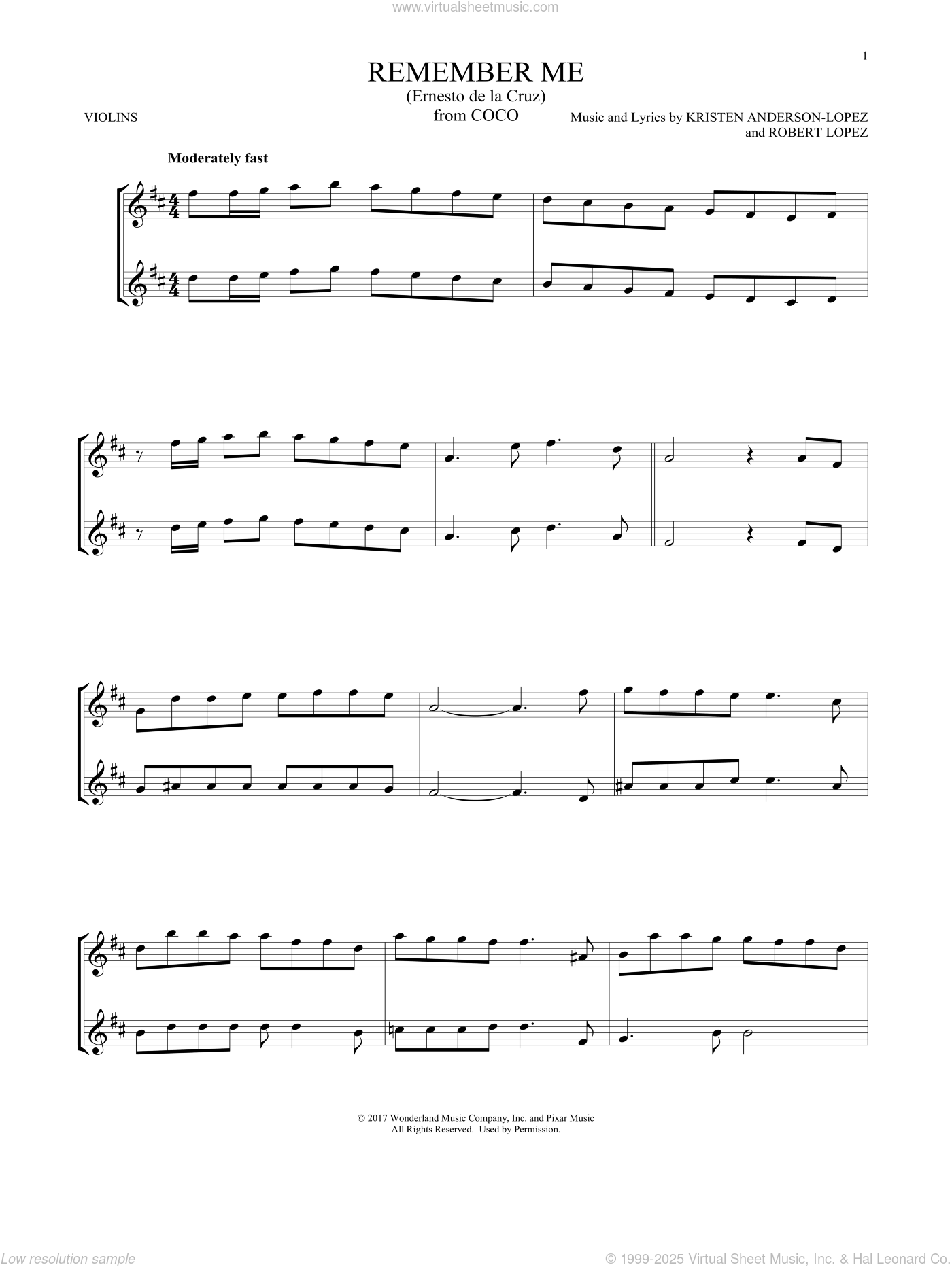 Remember Me (Ernesto de la Cruz) (from Coco) sheet music for two violins (duets, violin duets)