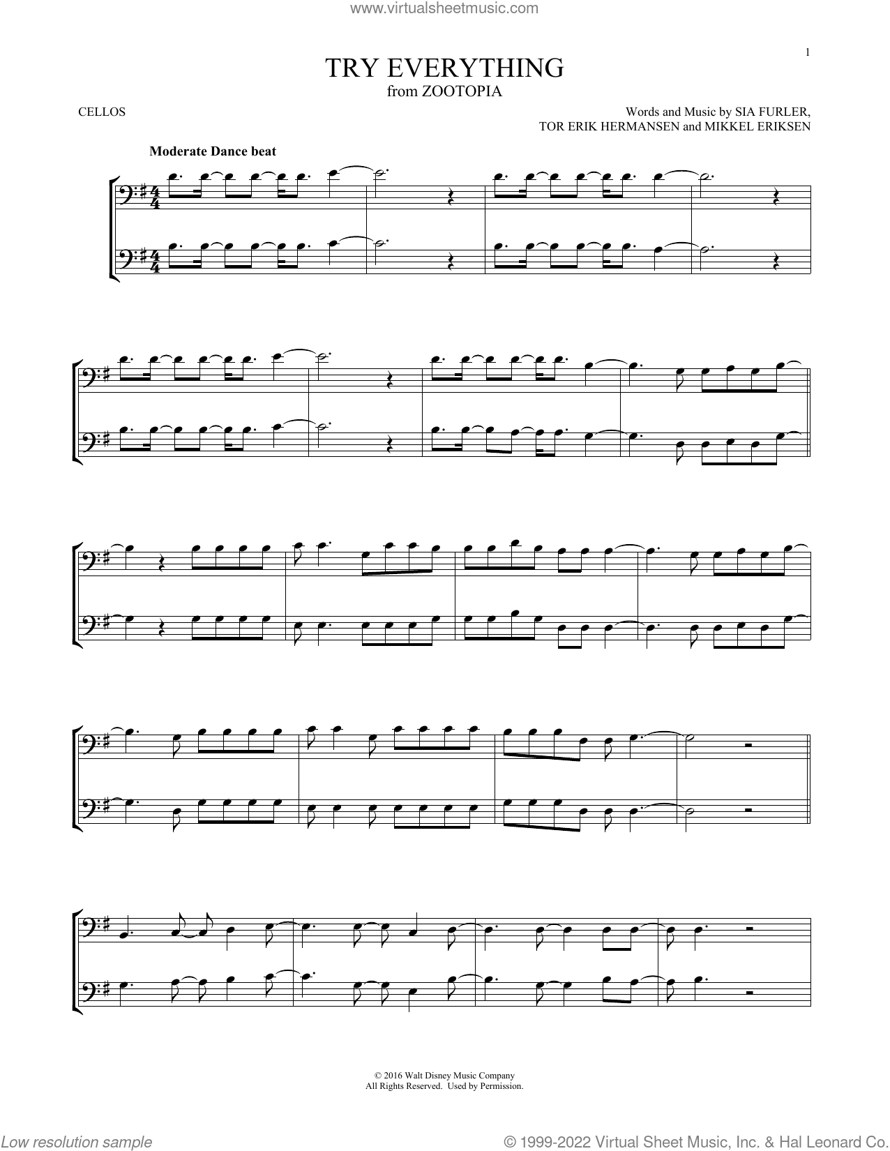 Try Everything (from Zootopia) sheet music for two cellos (duet, duets)
