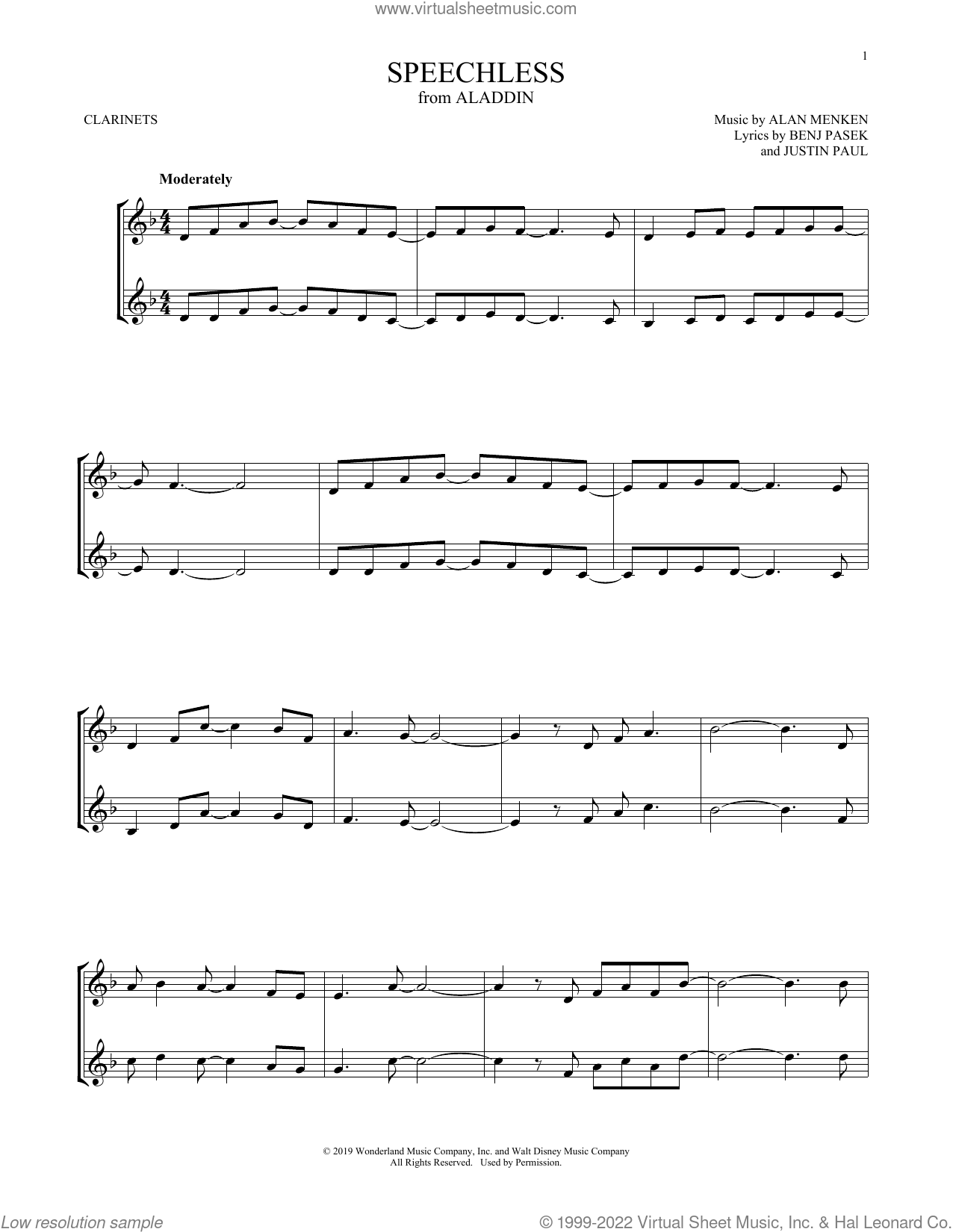 Speechless (from Aladdin) sheet music for two clarinets (duets)