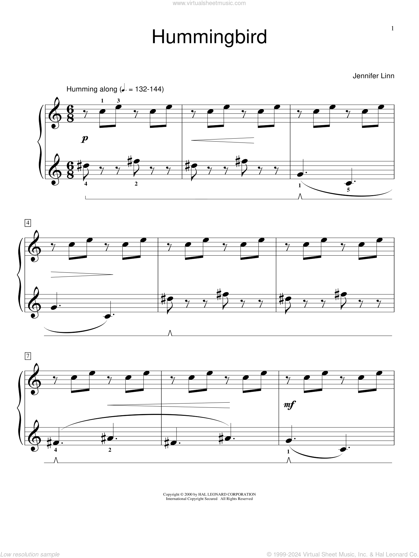 Hummingbird sheet music for piano solo (elementary) (PDF)