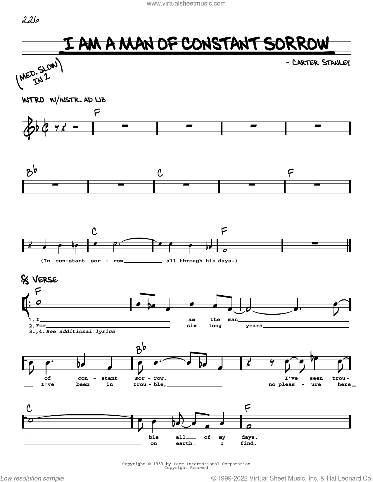 I Am A Man Of Constant Sorrow sheet music (real book with lyrics)
