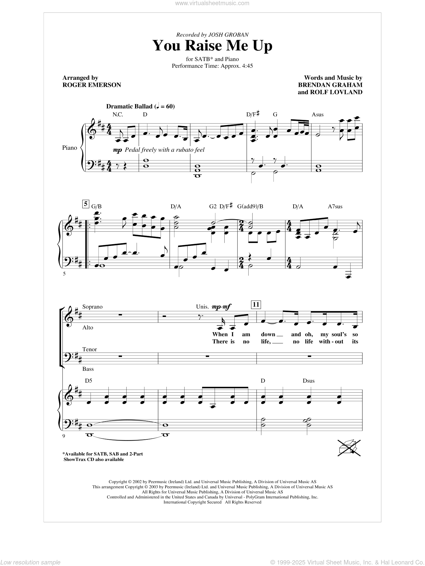 You Raise Me Up (arr. Roger Emerson) sheet music for choir (SATB ...