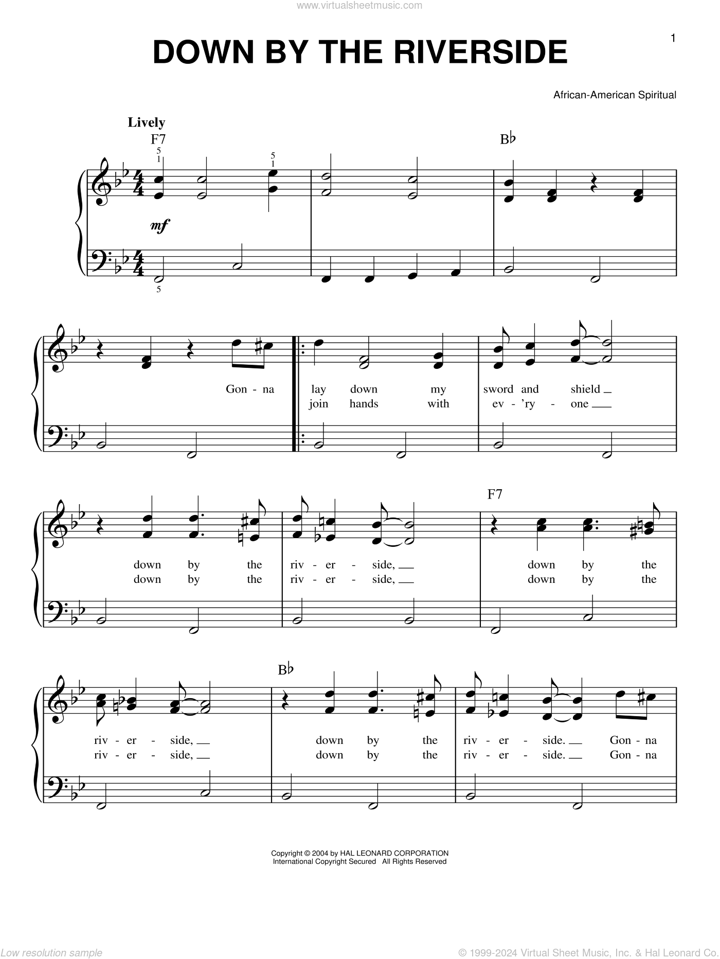 Down By The Riverside, (easy) sheet music for piano solo (PDF)