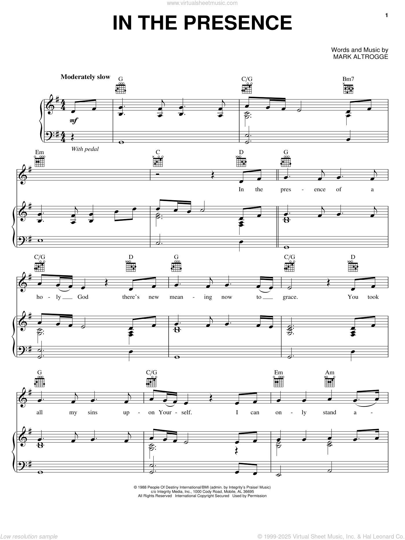 In The Presence sheet music for voice, piano or guitar (PDF)