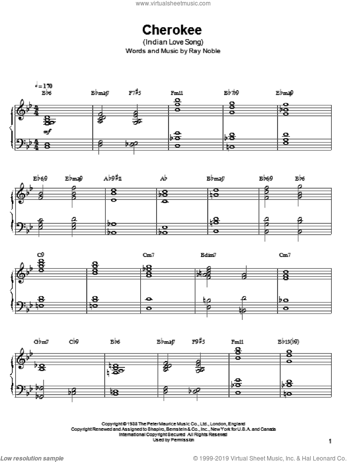 Cherokee (Indian Love Song) sheet music for piano solo (PDF)