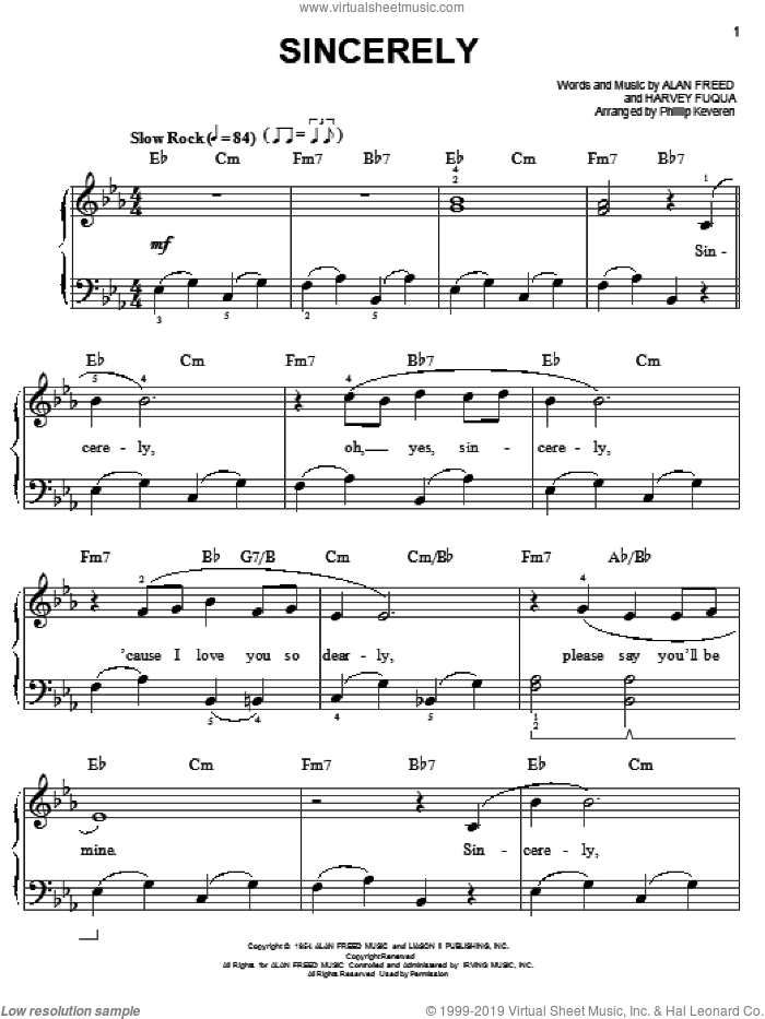 Sincerely (arr. Phillip Keveren) sheet music for piano solo (PDF)