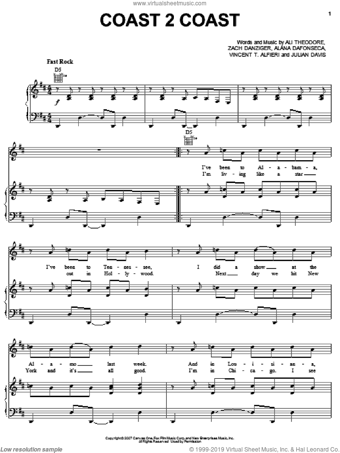 Coast 2 Coast sheet music for voice, piano or guitar (PDF)