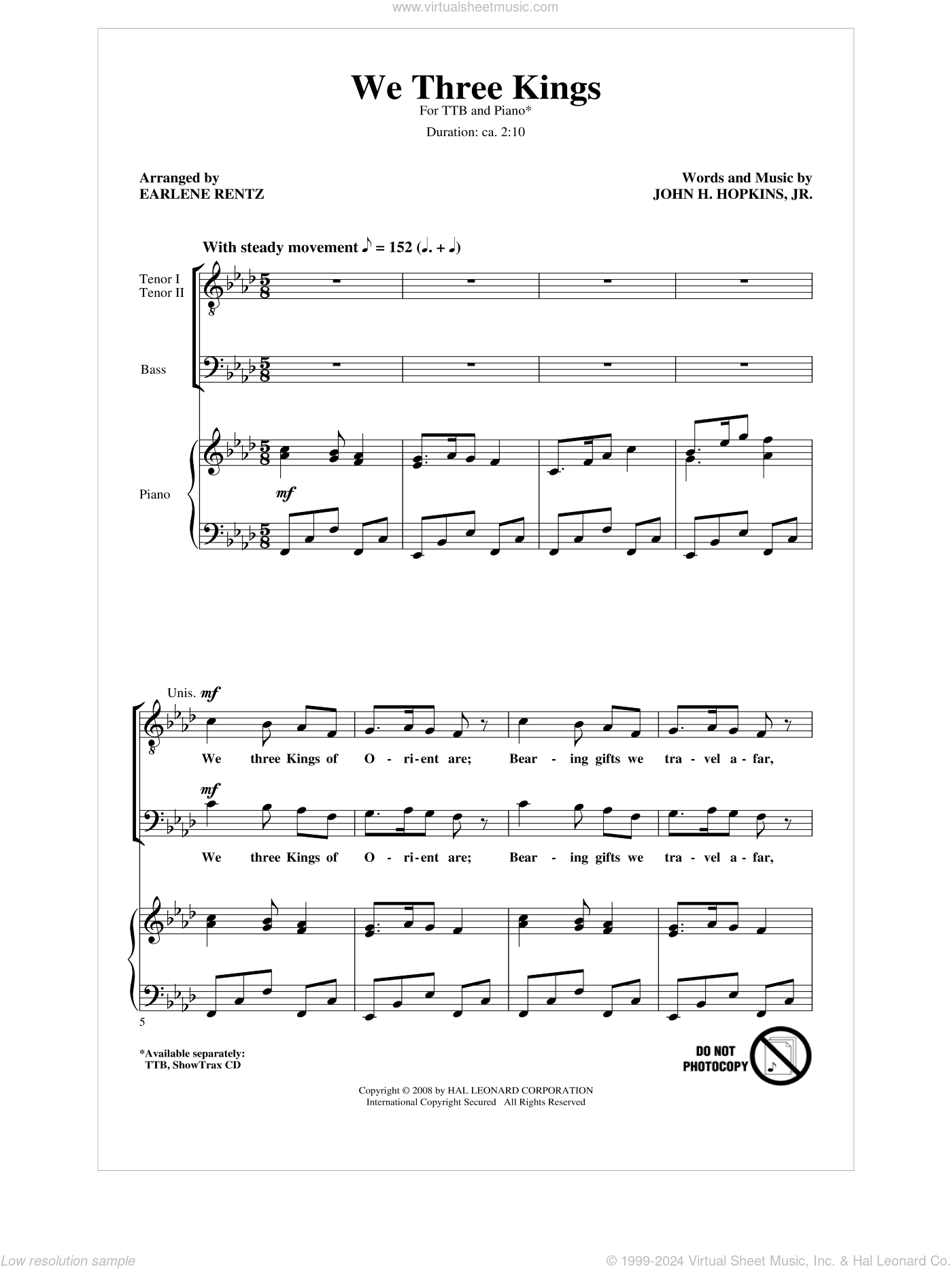We Three Kings sheet music for choir (TTB: tenor, bass) (PDF)