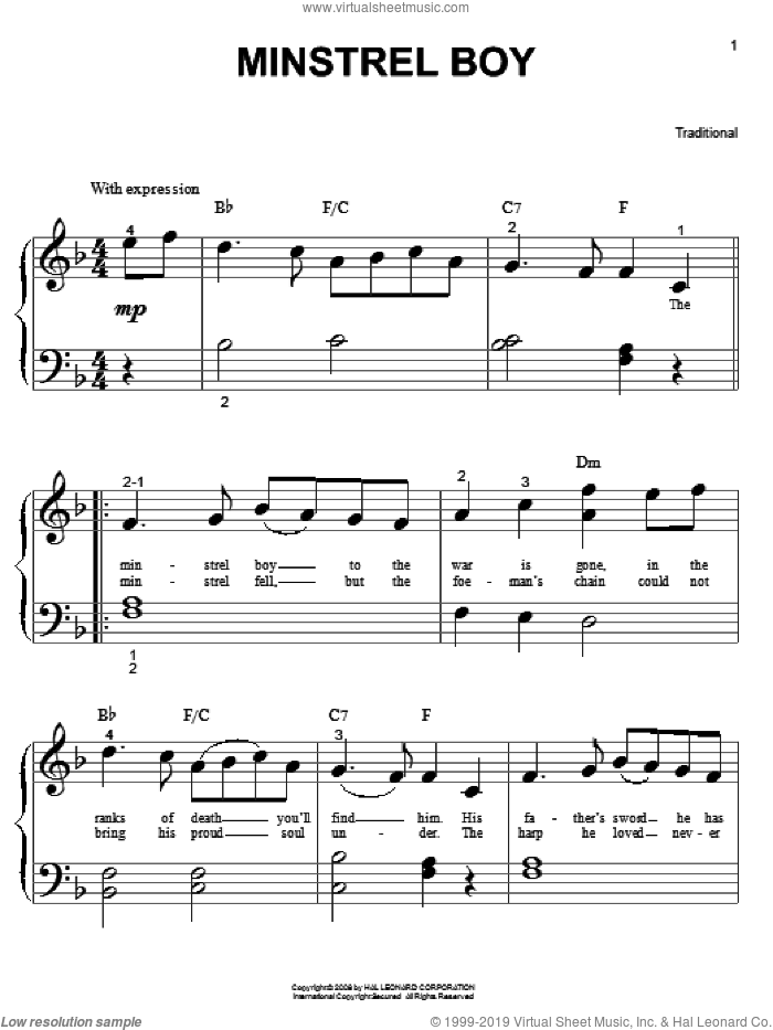 Minstrel Boy sheet music for piano solo (big note book) (PDF)