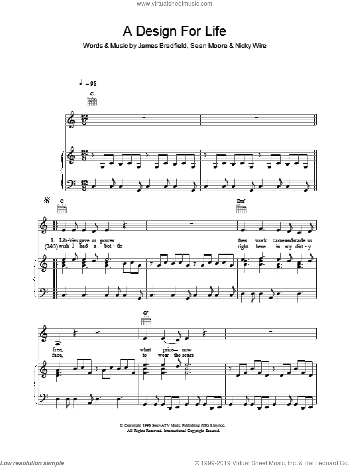 A Design For Life sheet music for voice, piano or guitar v2