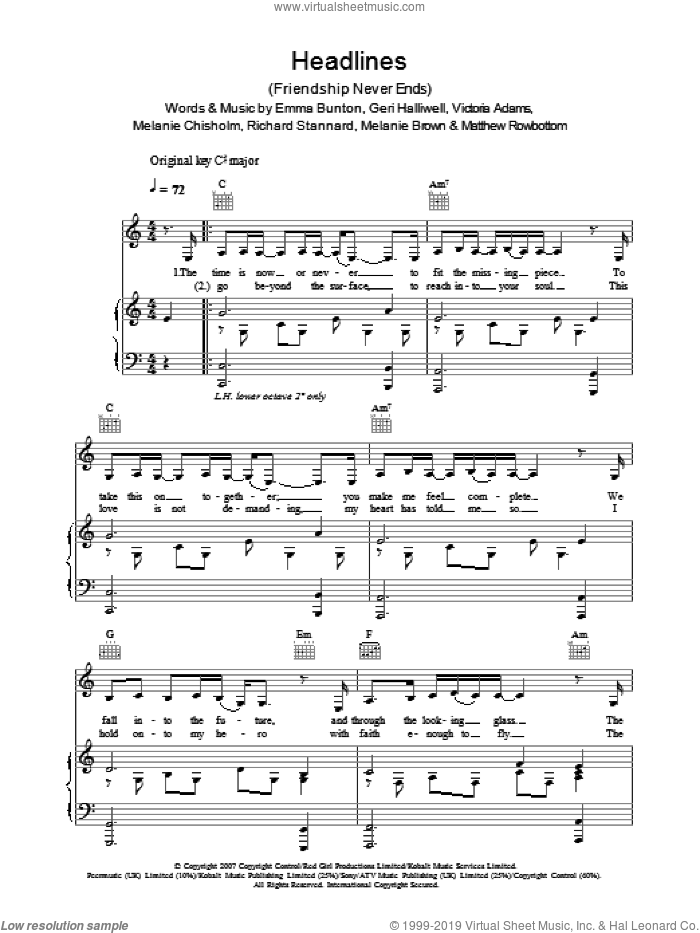 Headlines (Friendship Never Ends) sheet music for voice, piano or guitar