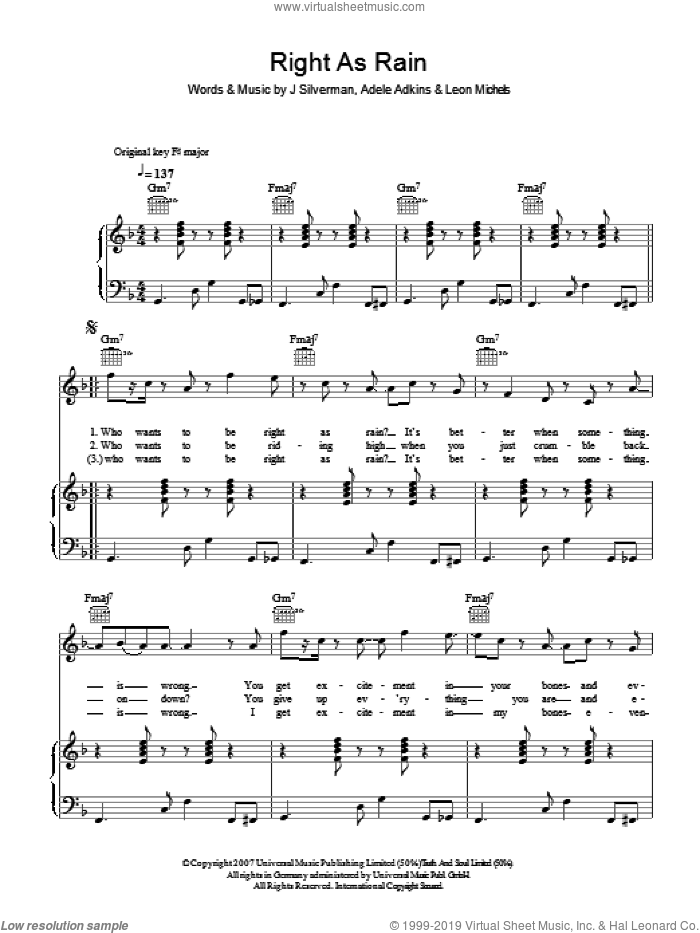 Right As Rain sheet music for voice, piano or guitar v2