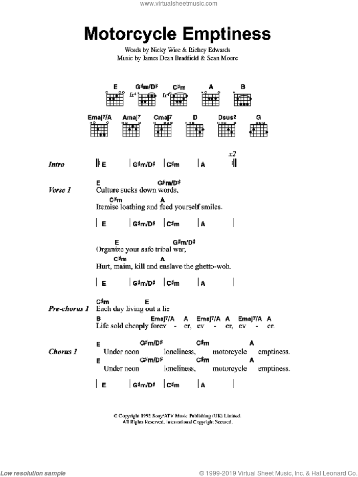 Motorcycle Emptiness sheet music for guitar (chords) (PDF)