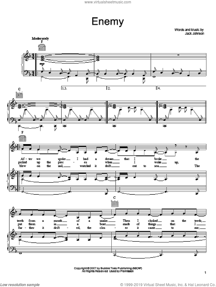 Enemy sheet music for voice, piano or guitar (PDF-interactive)
