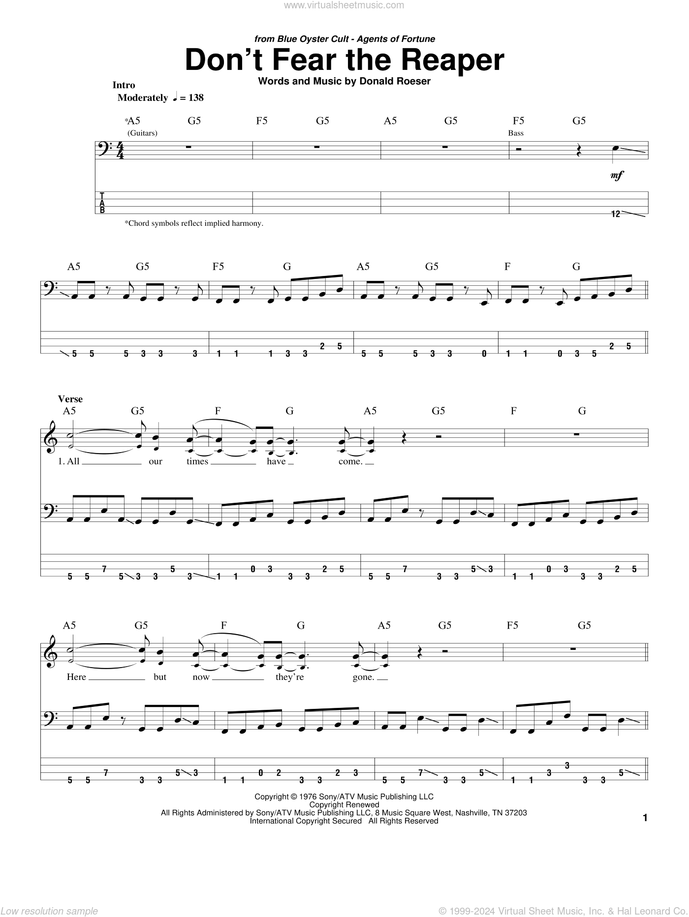 Don't Fear The Reaper sheet music for bass (tablature) (bass guitar) v2