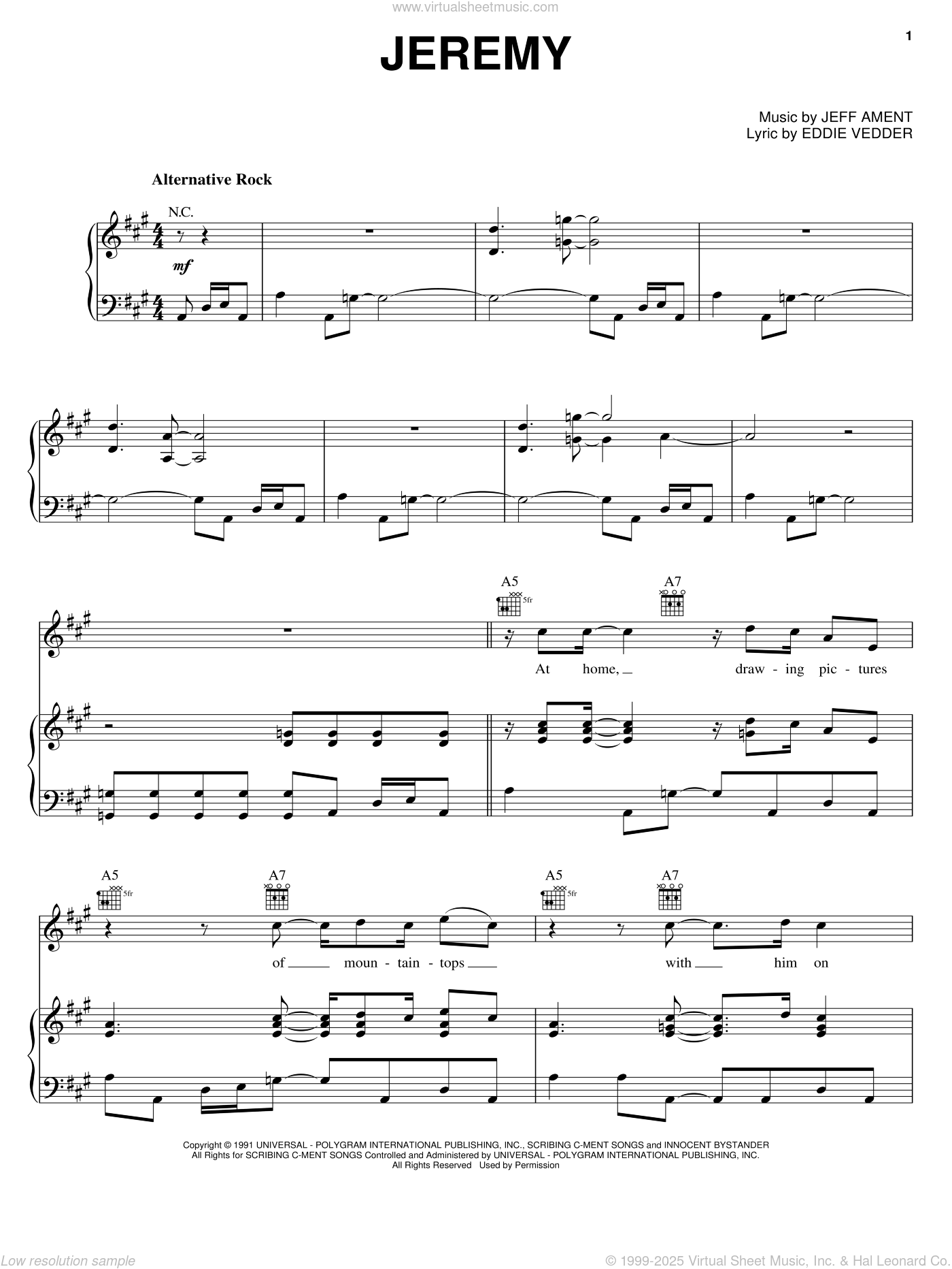 Jeremy sheet music for voice, piano or guitar (PDF-interactive)