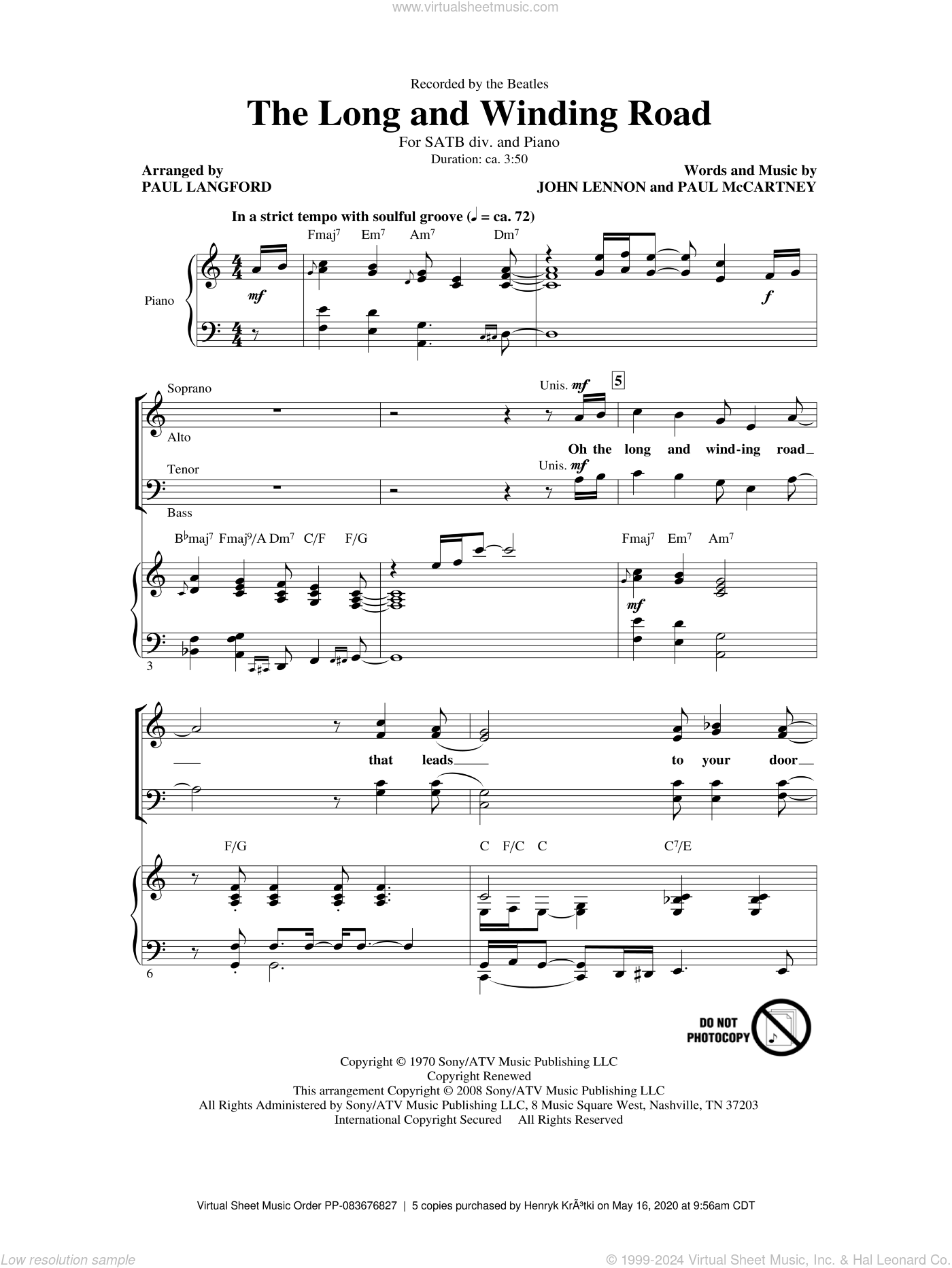 The Long And Winding Road (arr. Simon Foxley) sheet music for choir ...