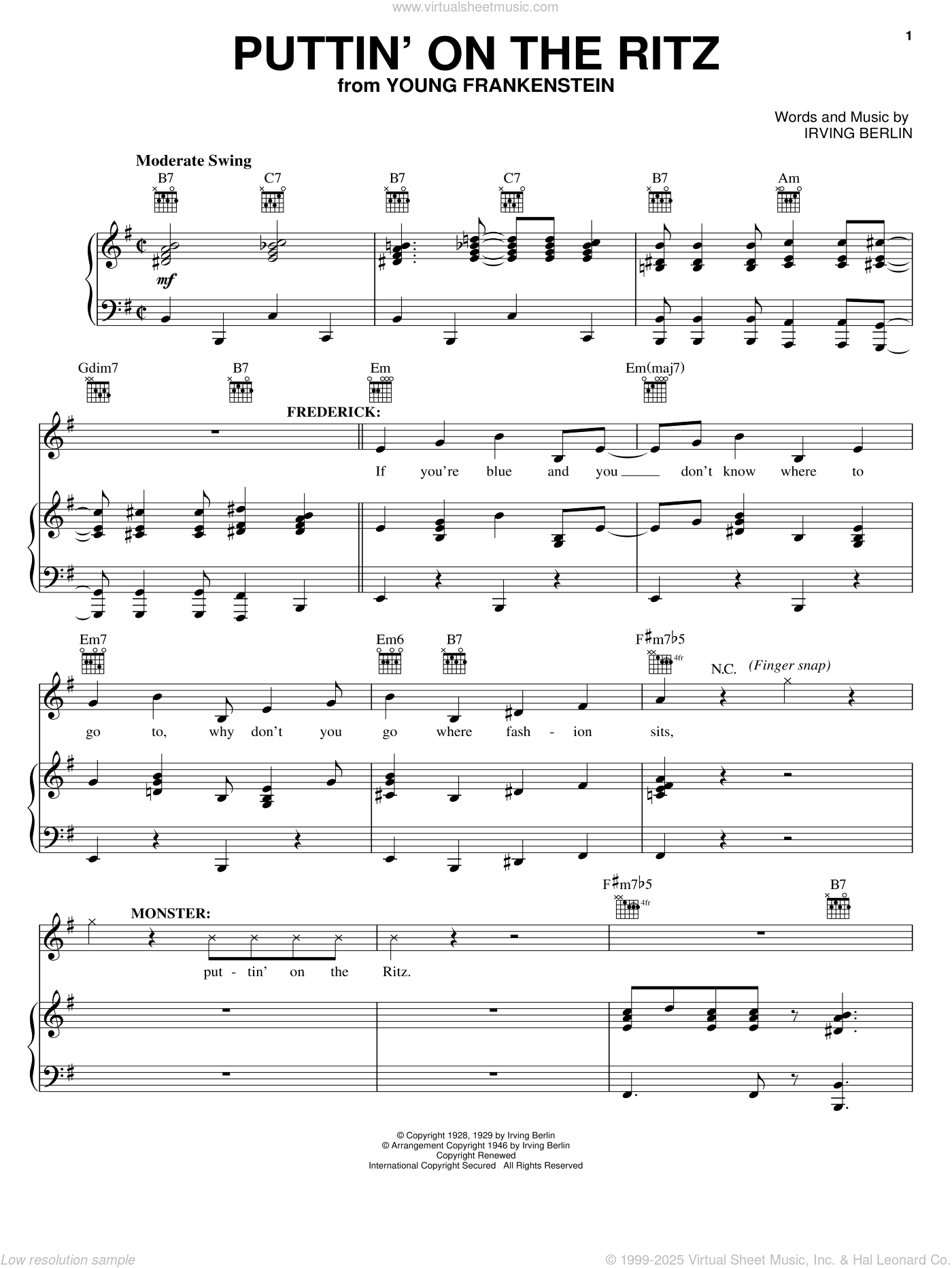 Puttin' On The Ritz sheet music for voice, piano or guitar (PDF)
