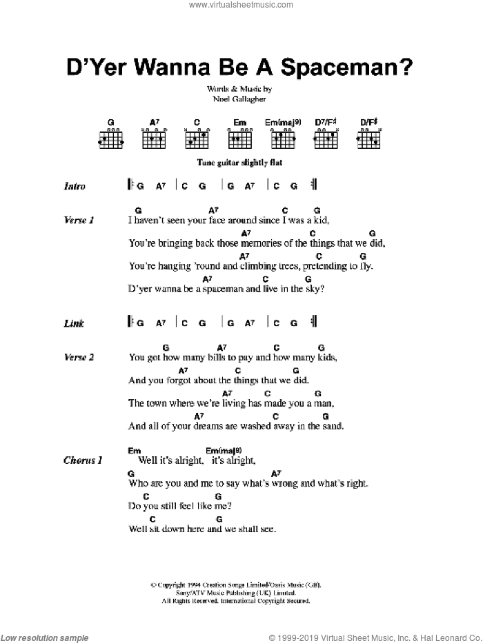 D'Yer Wanna Be A Spaceman? sheet music for guitar (chords) (PDF)